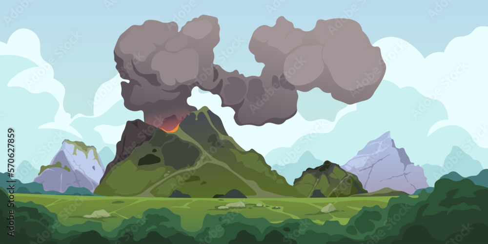 Volcanic eruption background. Nature landscape with active volcano ...