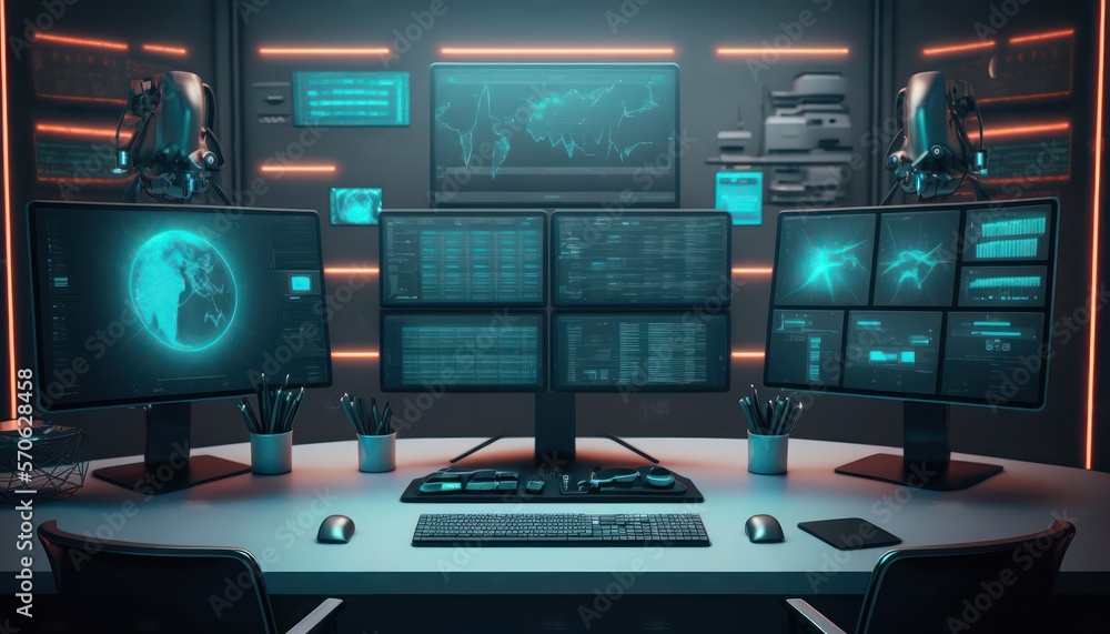 Computer desk and screens in an office workspace for CCTV surveillance ...