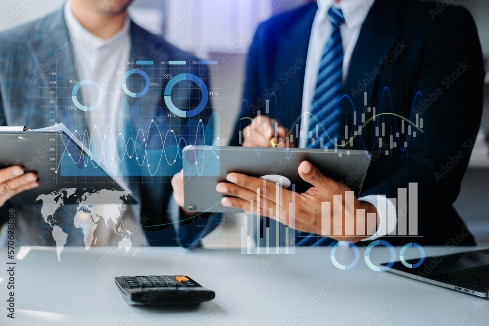 Team colleagues wear formal attire to work together to optimize ...