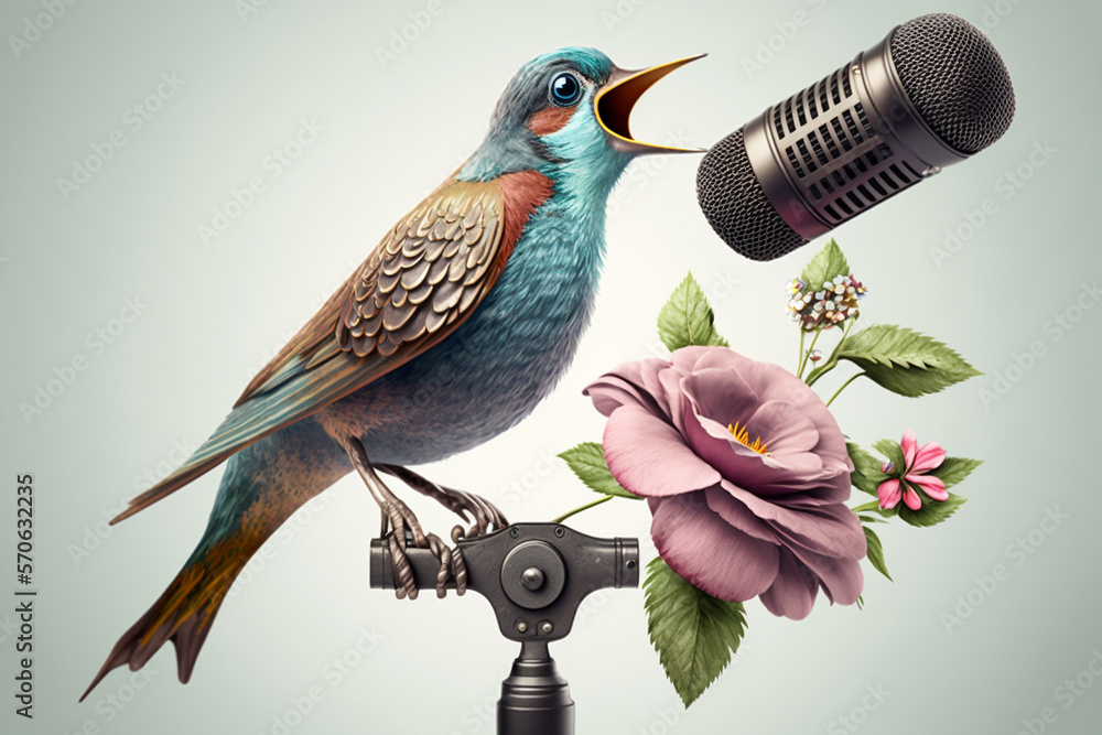 Generative AI of a bird singing into a retro microphone. Music festival ...