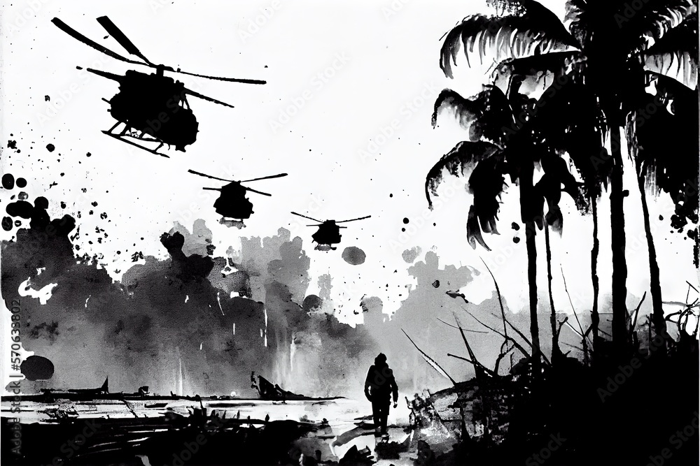 A black and white pen illustration of a battlefield scene during the ...