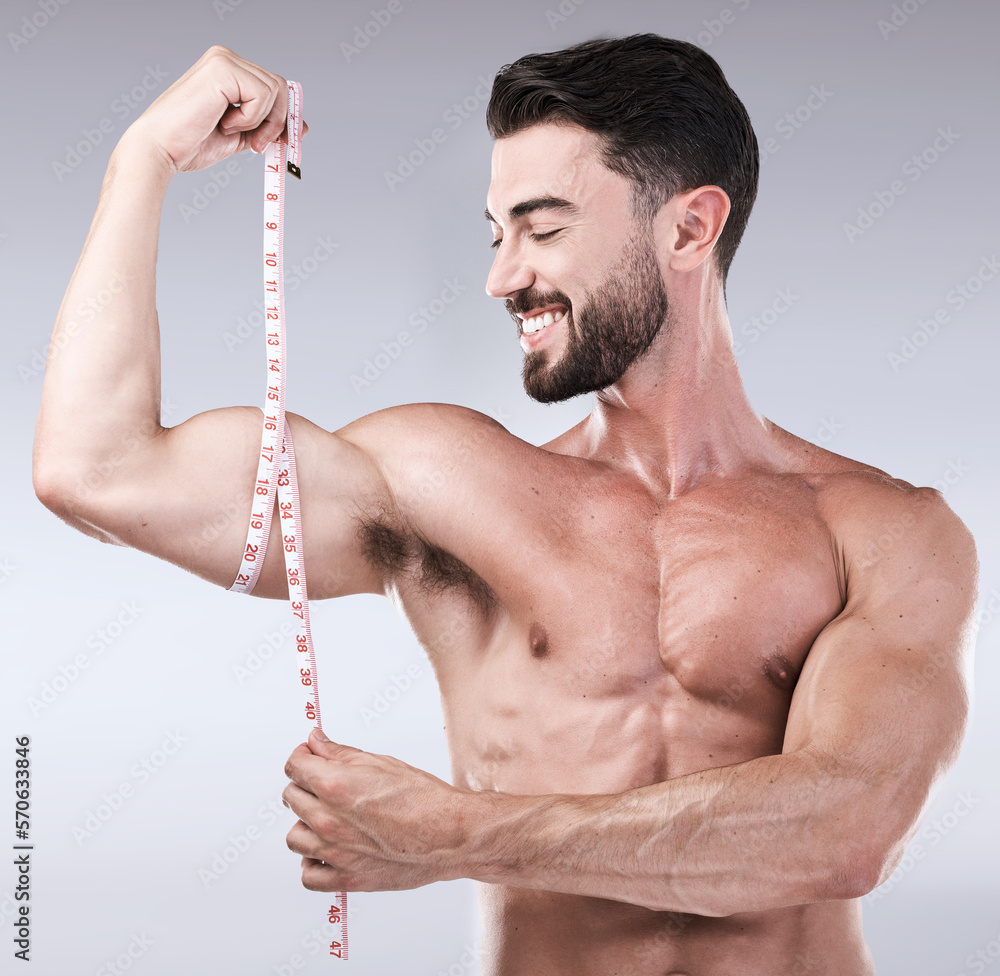 Fitness, goals or strong man with tape measure for biceps after body ...