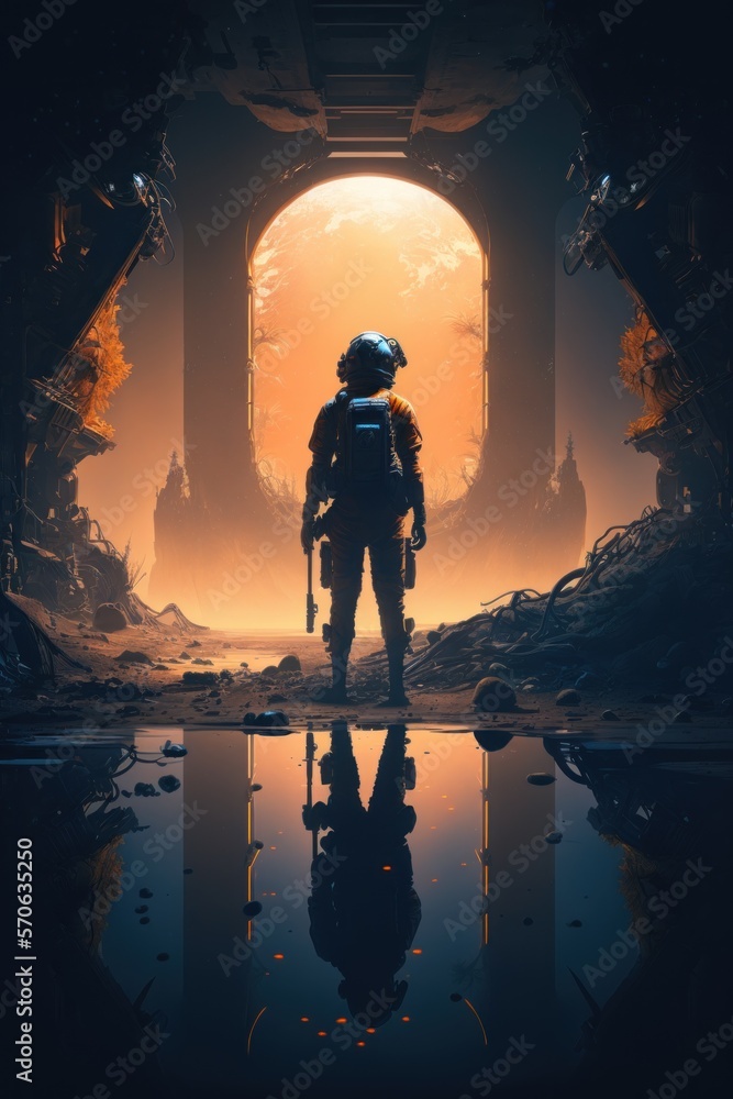 Silhouette of an astronaut woman standing in front of a huge portal ...