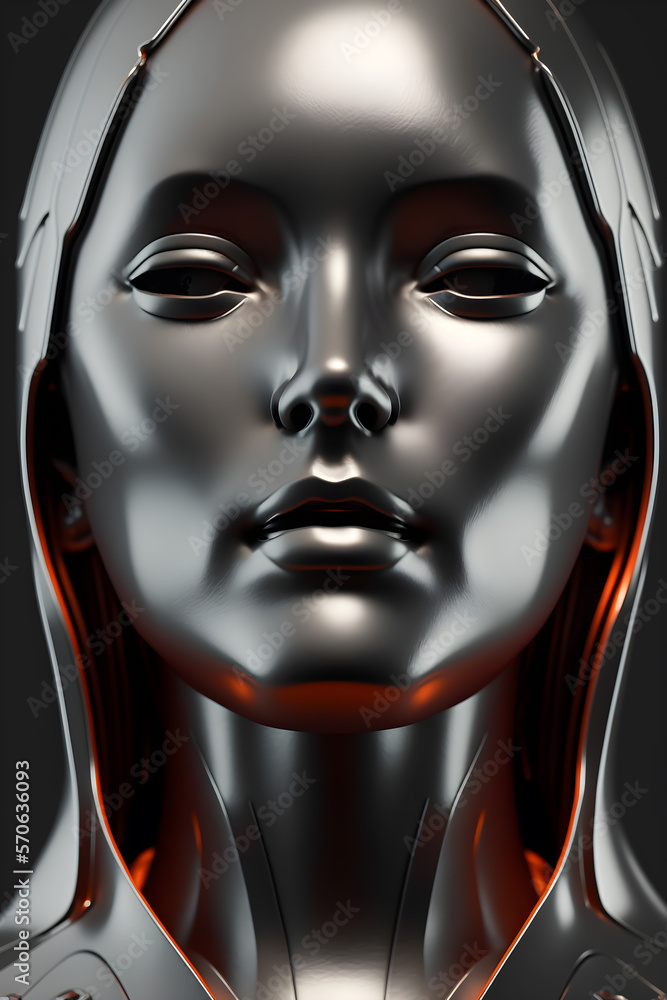 Robotic face of mannequin made of metal. Surrealist art and modern ...