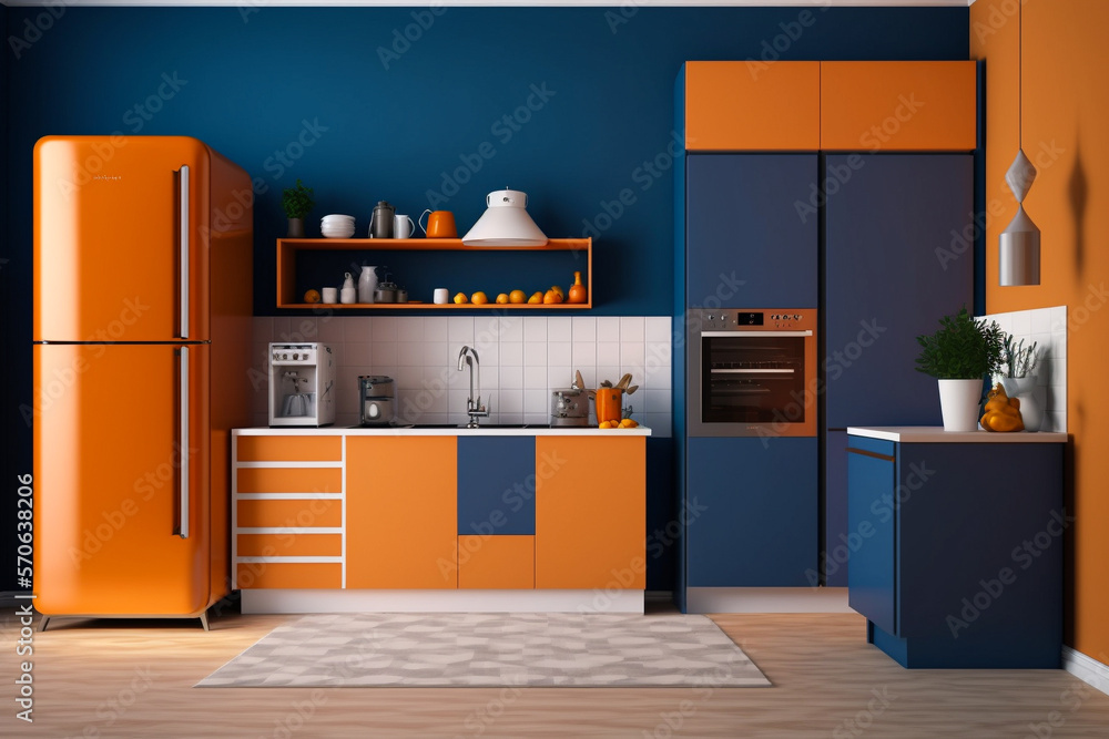 Modern style orange kitchen interior design with dark blue wall. Idea ...