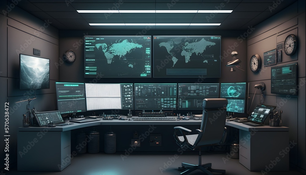 Desktop Computer in Modern Technological Monitoring Control Room with ...