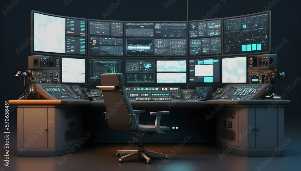 Desktop Computer in Modern Technological Monitoring Control Room with ...