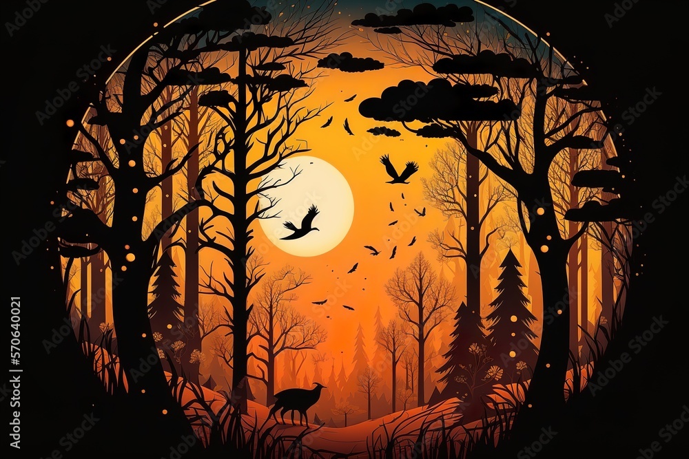 Beautiful forest silhouette with trees and sun in a circle with orange ...