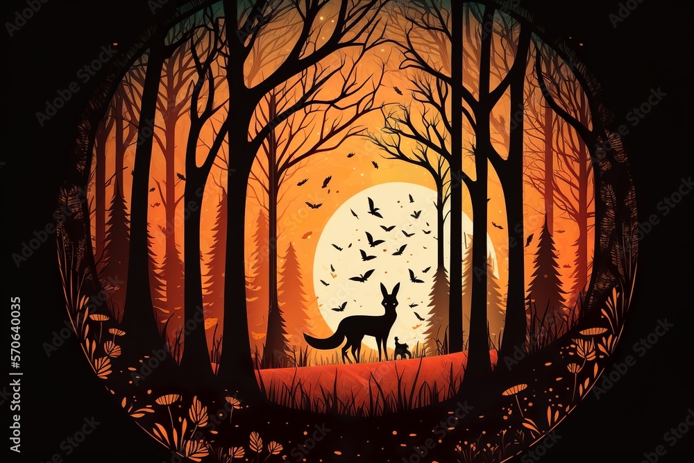 Beautiful forest silhouette with trees and sun in a circle with orange ...