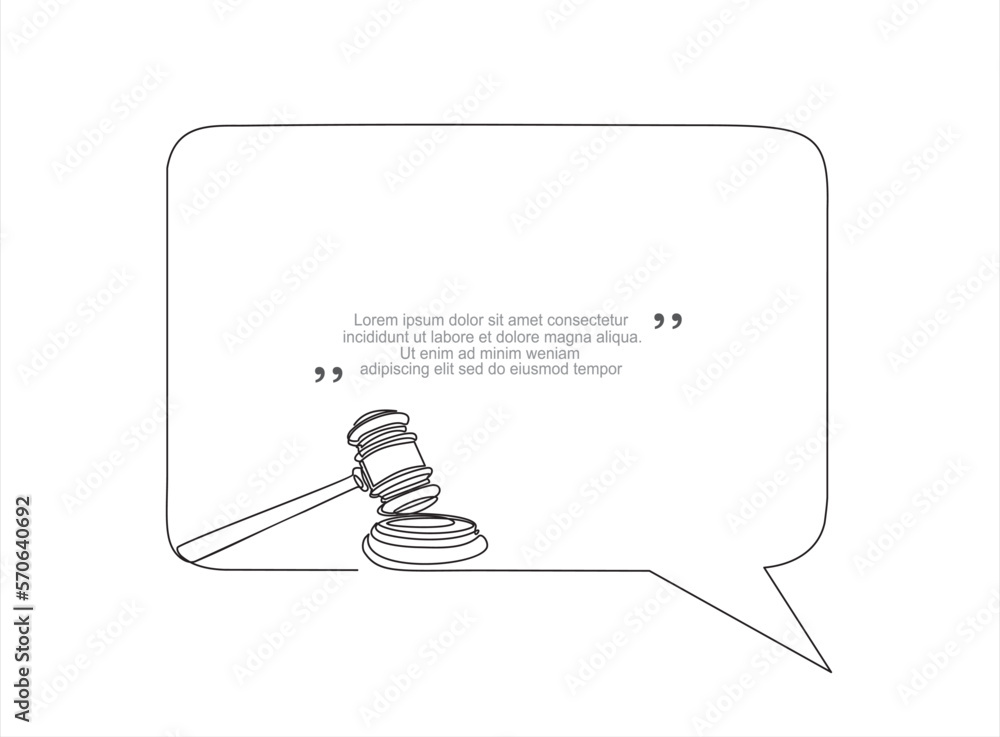 Continuous one line drawing of Judge's gavel and speech bubble. Trendy ...