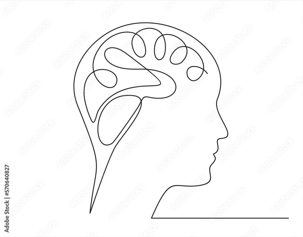 continuous stylized modern drawing of a human head and brain. flat ...