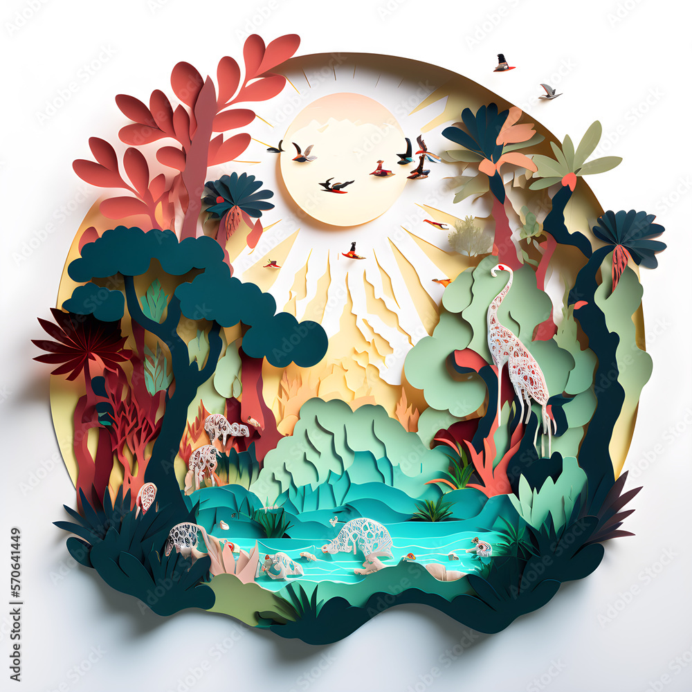 Circle Tropical Forest Jungle Papercut Diorama. Origami Tree ...