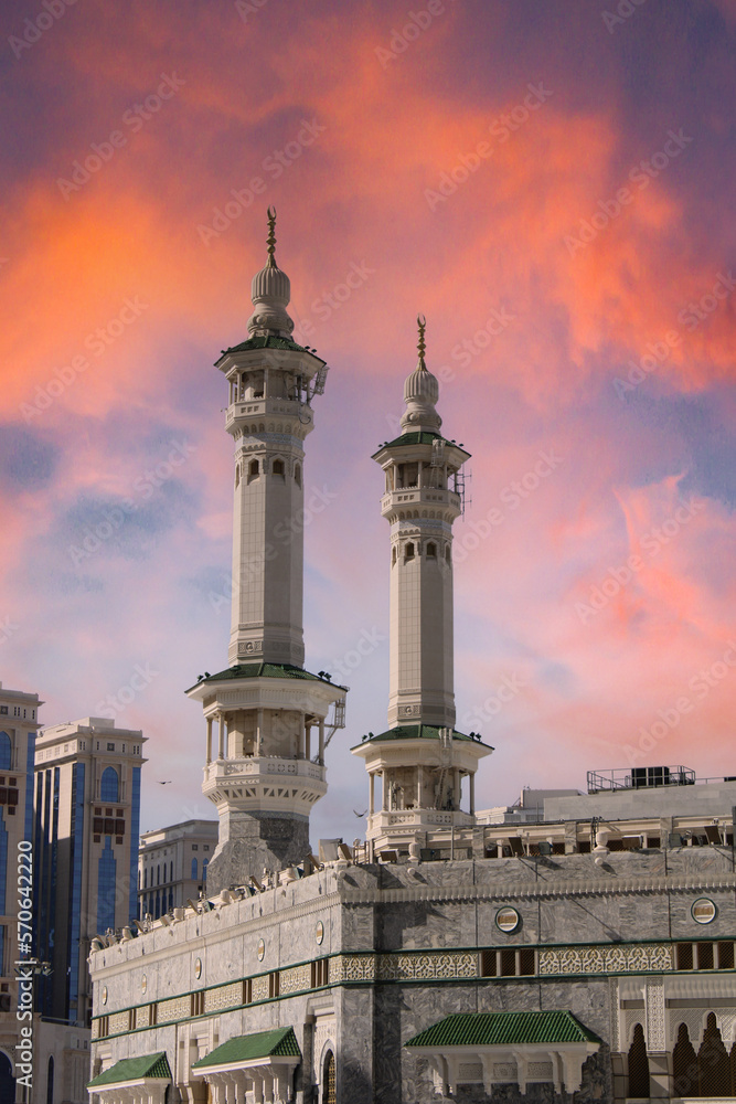 The minarets of the Meccan Kaaba. sunset filter Stock Photo | Adobe Stock