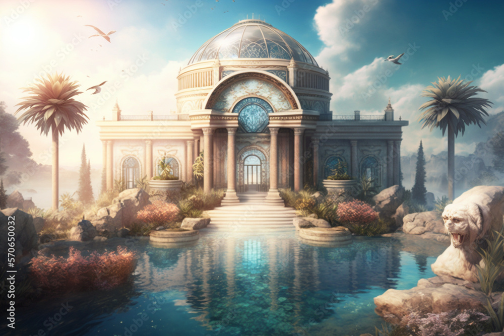 realistic image heavenly palace of God with garden in the background ...