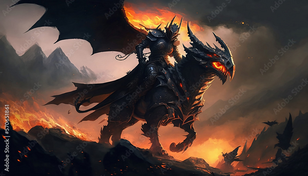 spartan warrior in black armor riding a fire dragon Stock Illustration ...