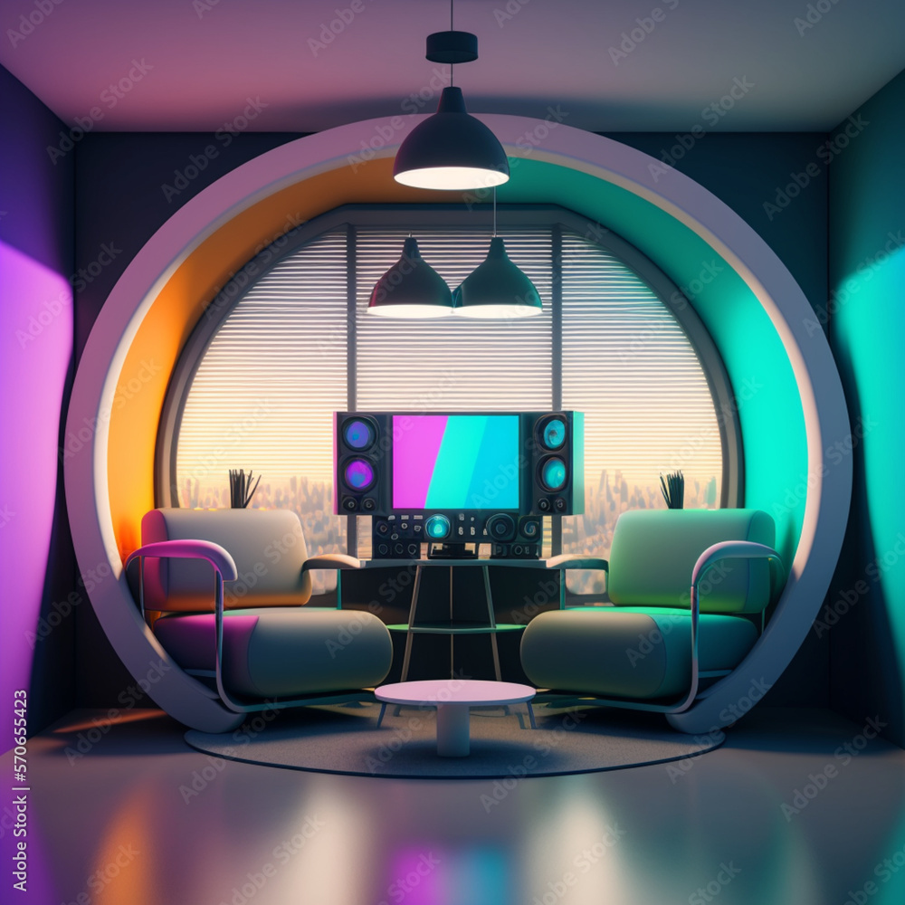 ภาพประกอบสต็อก modern living room, PODCAST,FUTURISTIC PODCAST ROOM ...