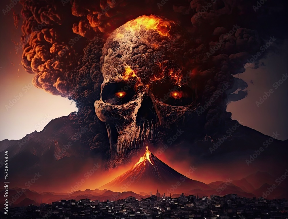 Volcanic eruption with thick smoke with ominous skull threat of death ...