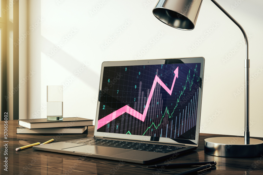 Modern computer screen with abstract creative financial chart and ...
