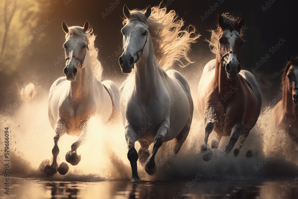 Galloping horses jumping over the camera in a river Generative AI Stock ...