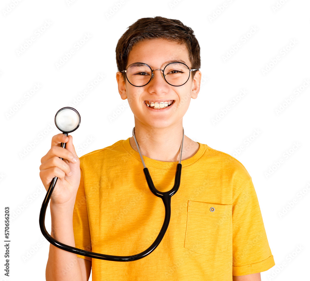 Adorable school boy play doctor as future dream job concept. Portrait ...