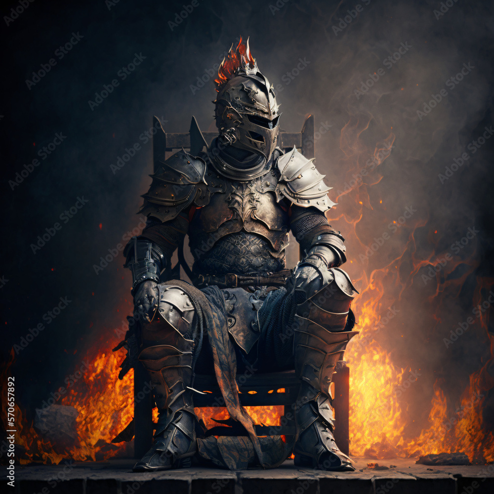 a knight with dark full armor and helmet sitting on a throne surrounded ...