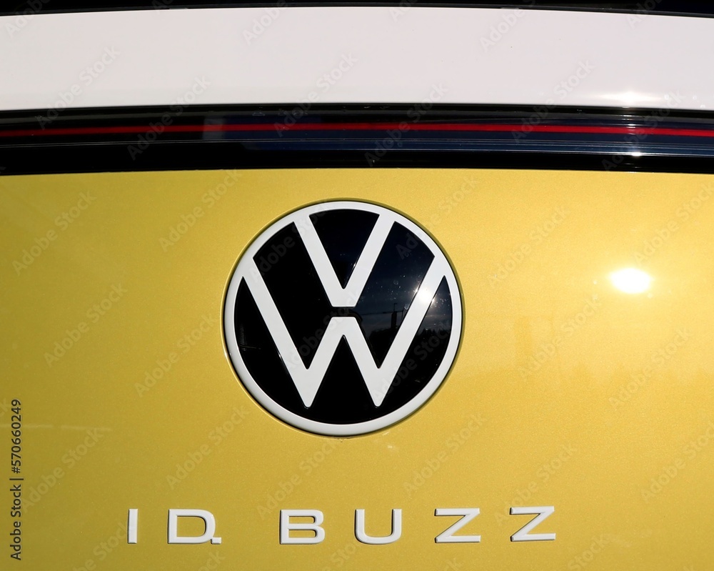 Udine, Italy. February 11, 2022. Volkswagen ID Buzz logo on the back of ...