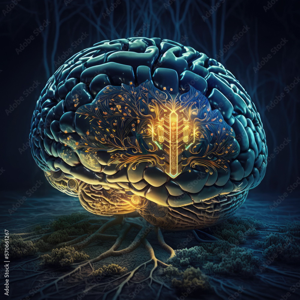 Very realistic image of a human brain glowing with symbols of ...