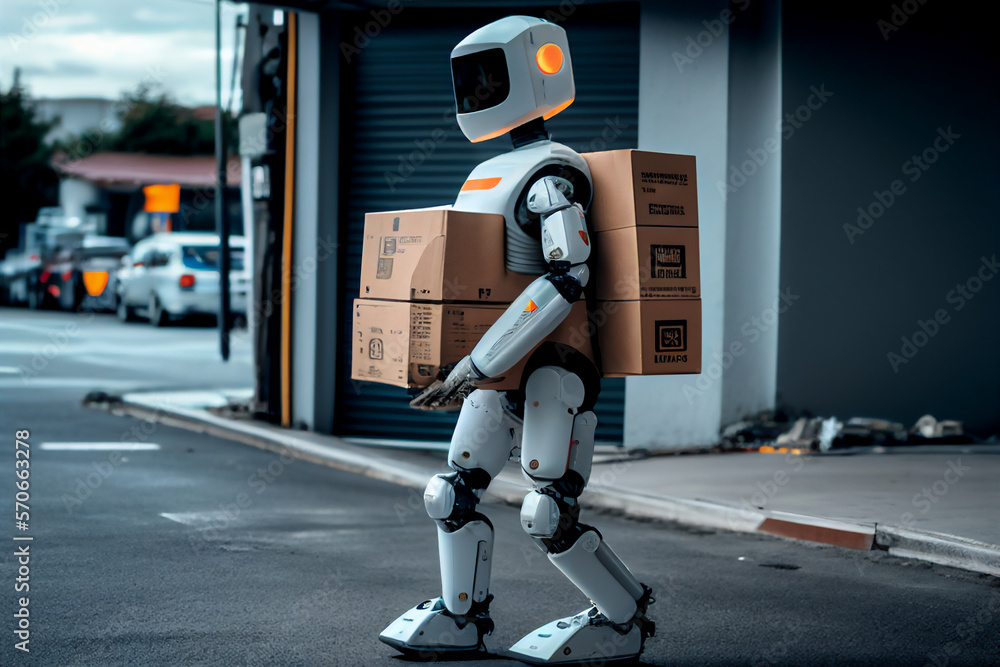 Humanoid robot courier delivery service, delivering packages to a ...