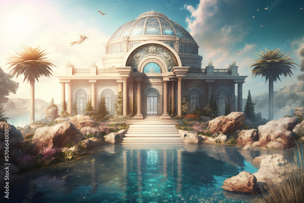 realistic image of God's heavenly palace with a garden in the ...