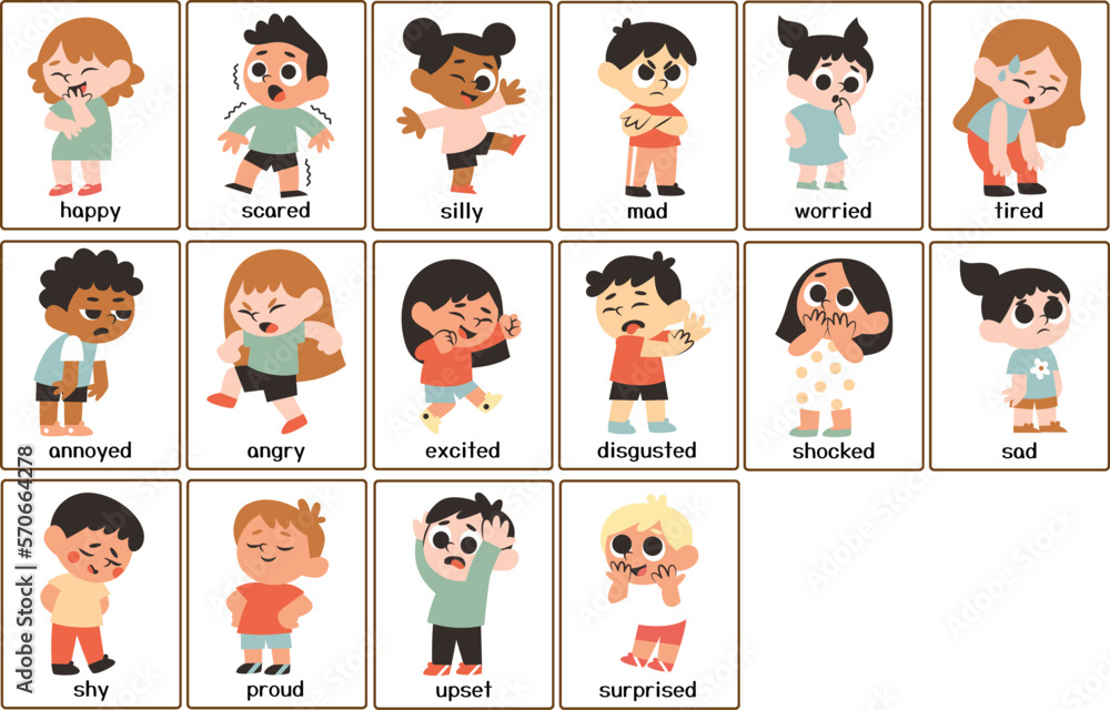Vetor de Emotions Flashcards, kids learning flashcards, preschool ...