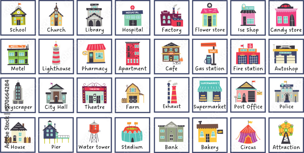 Building recognition Flashcard, memory game for kids, preschool ...