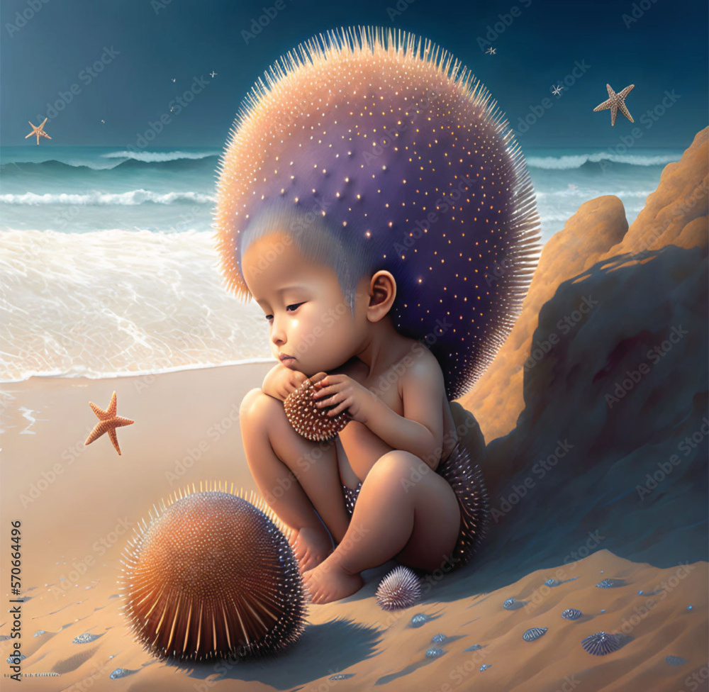 a little boy with spiky hair like a sea urchin is sitting at the beach ...