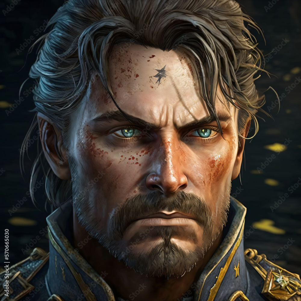 portrait of a fantasy human character. human captain with a serious ...