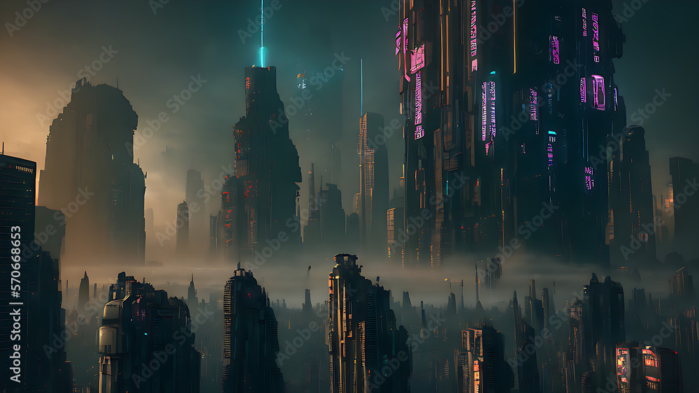 Futuristic Cyberpunk Mega city with Mega Structures towering into the ...