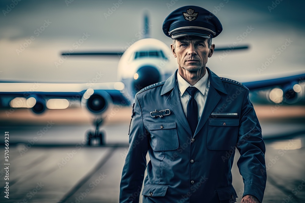 Close up portrait of an airliner pilot male wearing blue flight uniform ...