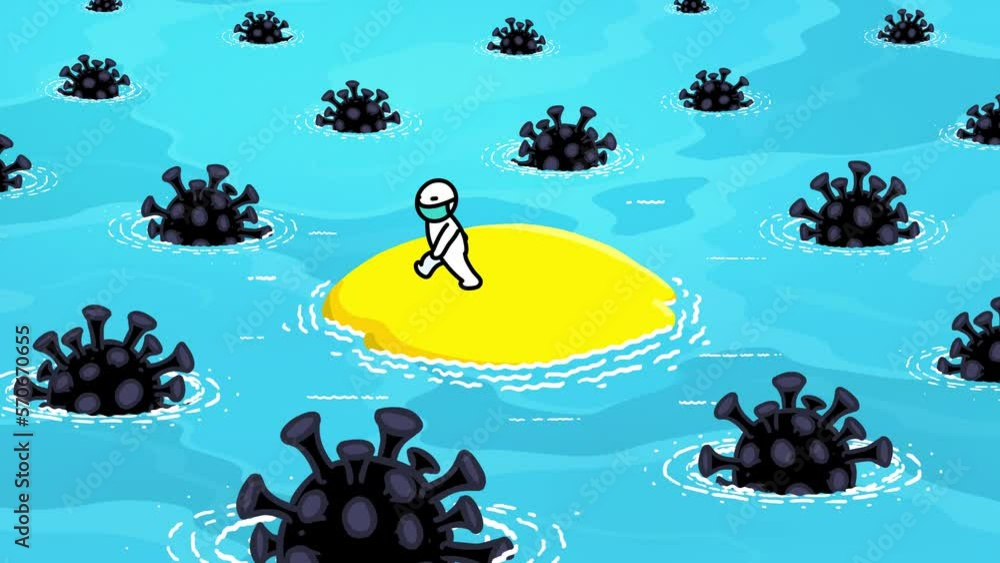 Stickman on desert island and sea mines looking as viruses. Remote work ...