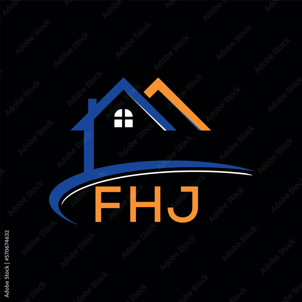 FHJ house logo, letter logo. FHJ blue image on black background and ...
