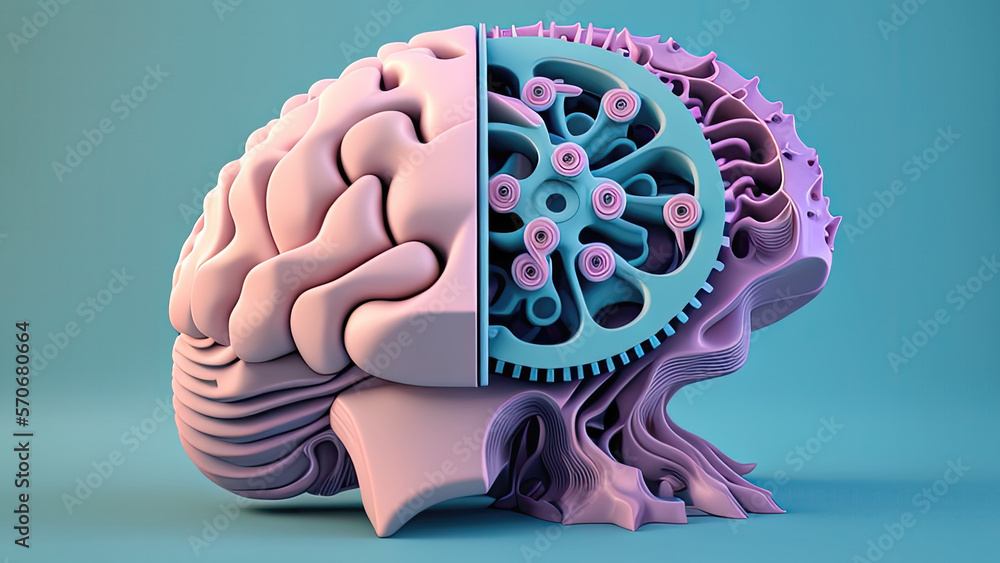 3d brain formed from gears set on pink and blue pastel colours ...