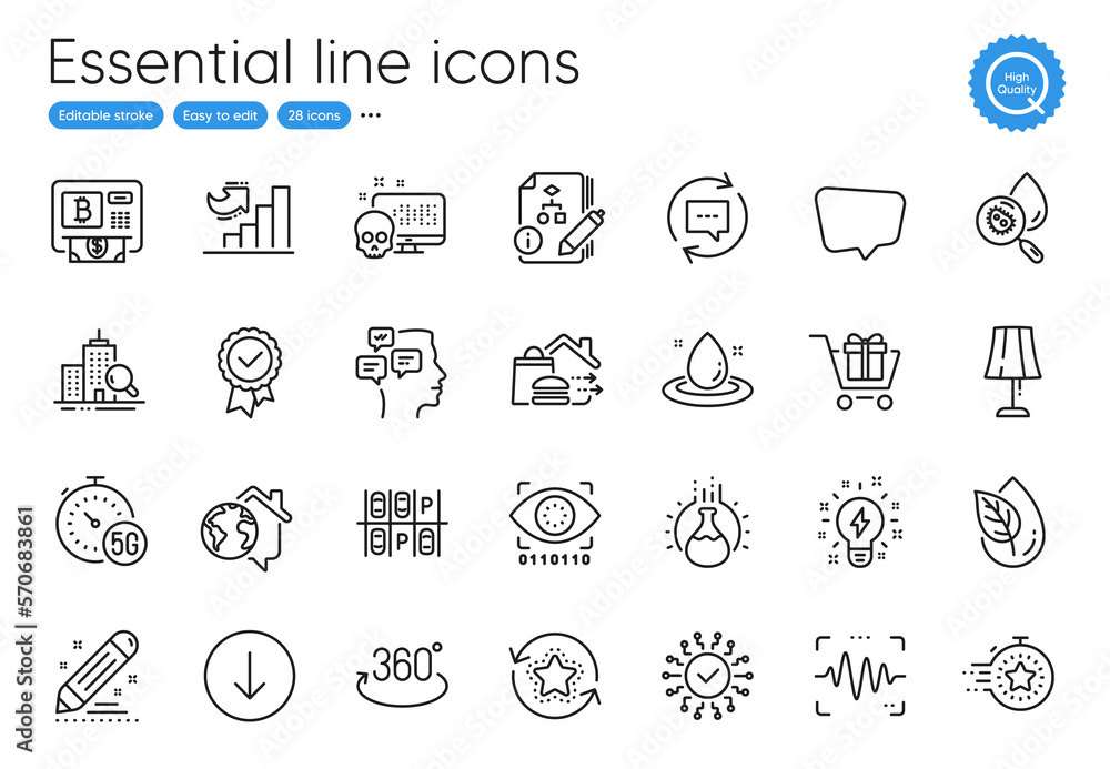 Table lamp, Chemistry experiment and Full rotation line icons. Collection of Update comments, 5g ...