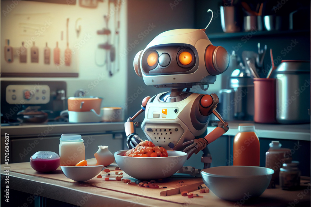 Robotic chef cooking food on smart kitchen in restaurant. AI Robot ...