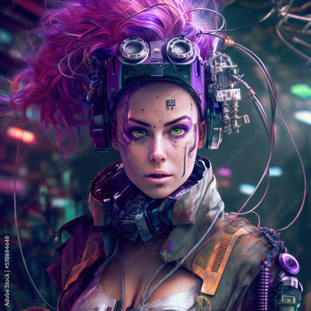 detailed robot woman or humanoid cyber girl with purple hair, artificial intelligence concept ...