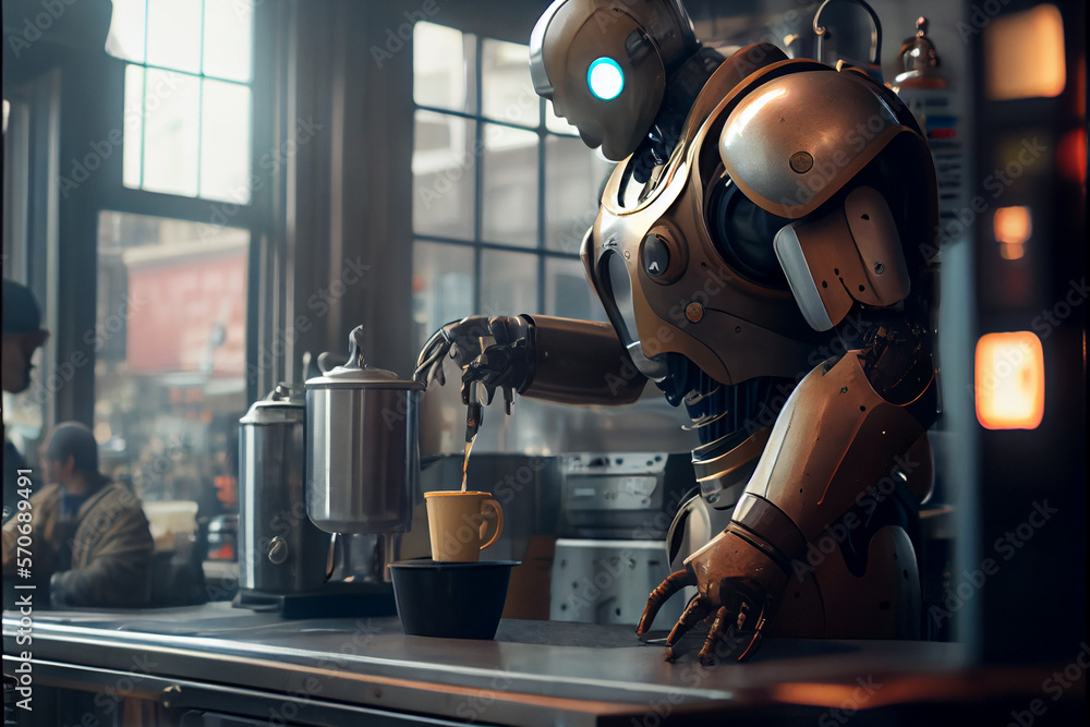 Humanoid robot chef cooks coffee in coffee shop. Robotic chef barista ...