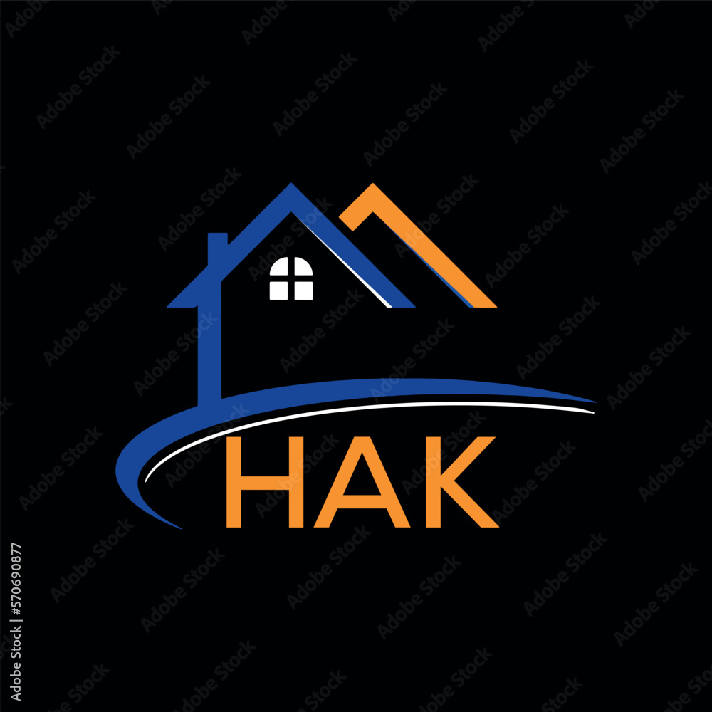 HAK house logo, letter logo. HAK blue image on black background and ...