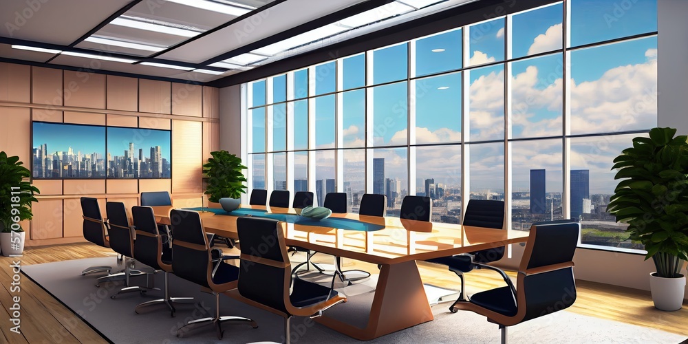 Conference room, large table with several chairs, modern and ...