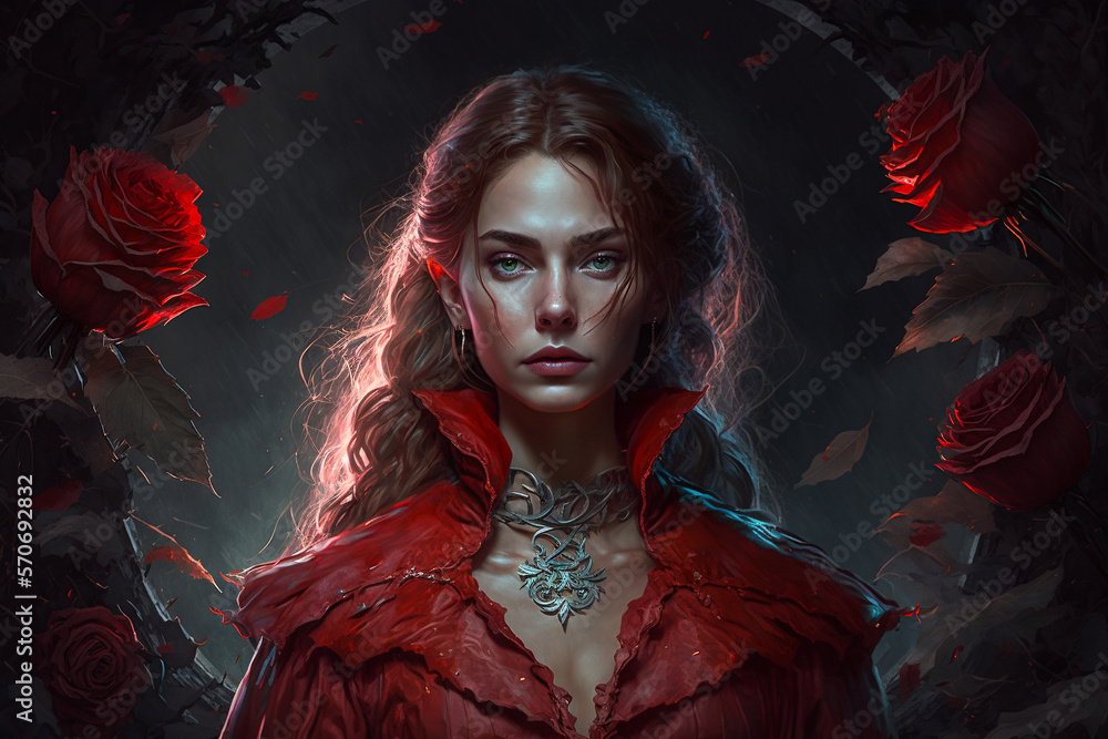 vampire woman in a red dress, in a dark forest and roses, Generative AI ...