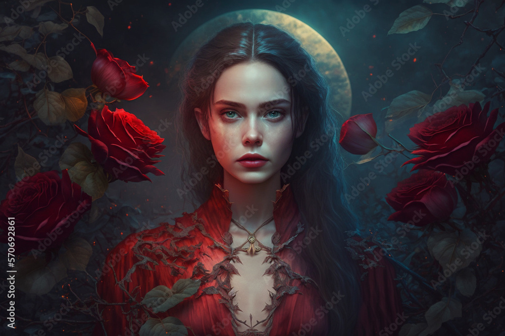 vampire woman in a red dress, in a dark forest and roses, Generative AI ...