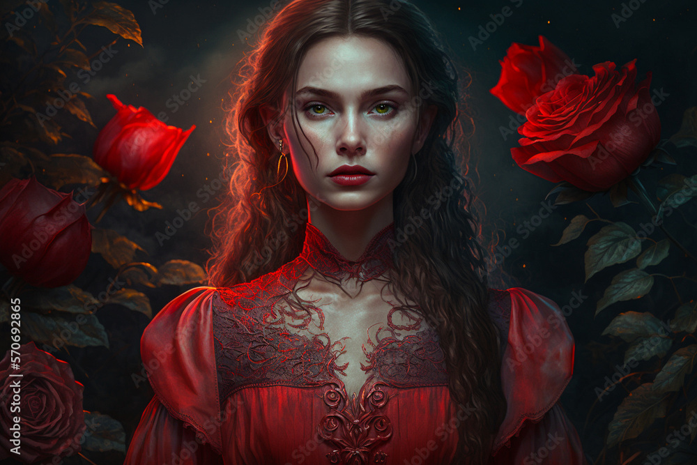 vampire woman in a red dress, in a dark forest and roses, Generative AI ...