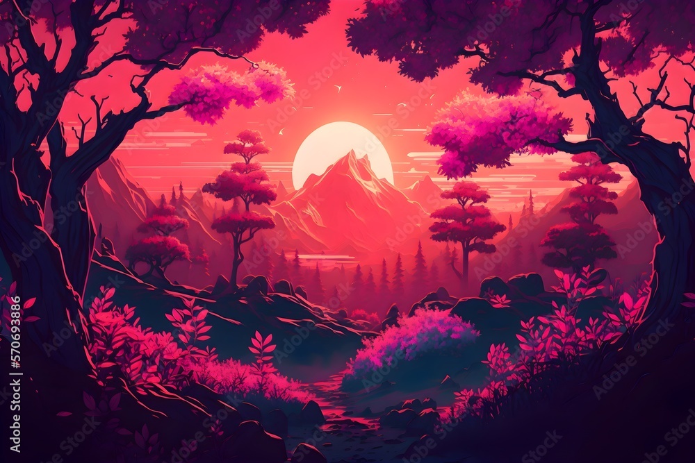 Beautiful forest landscape with a sunset synthwave style | Ai Generated ...