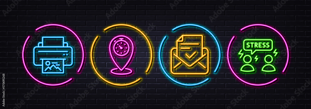 Vetor de Print image, Timer and Approved mail minimal line icons. Neon laser 3d lights ...