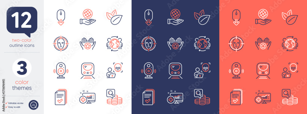 Set of Metro, Inspect and Safe planet line icons. Include Favorite, Medical analytics, Face ...